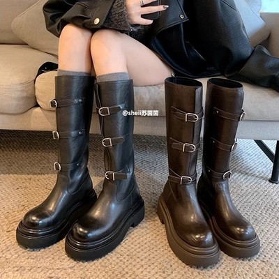 同款扣子靴6cm厚底机车中高筒真