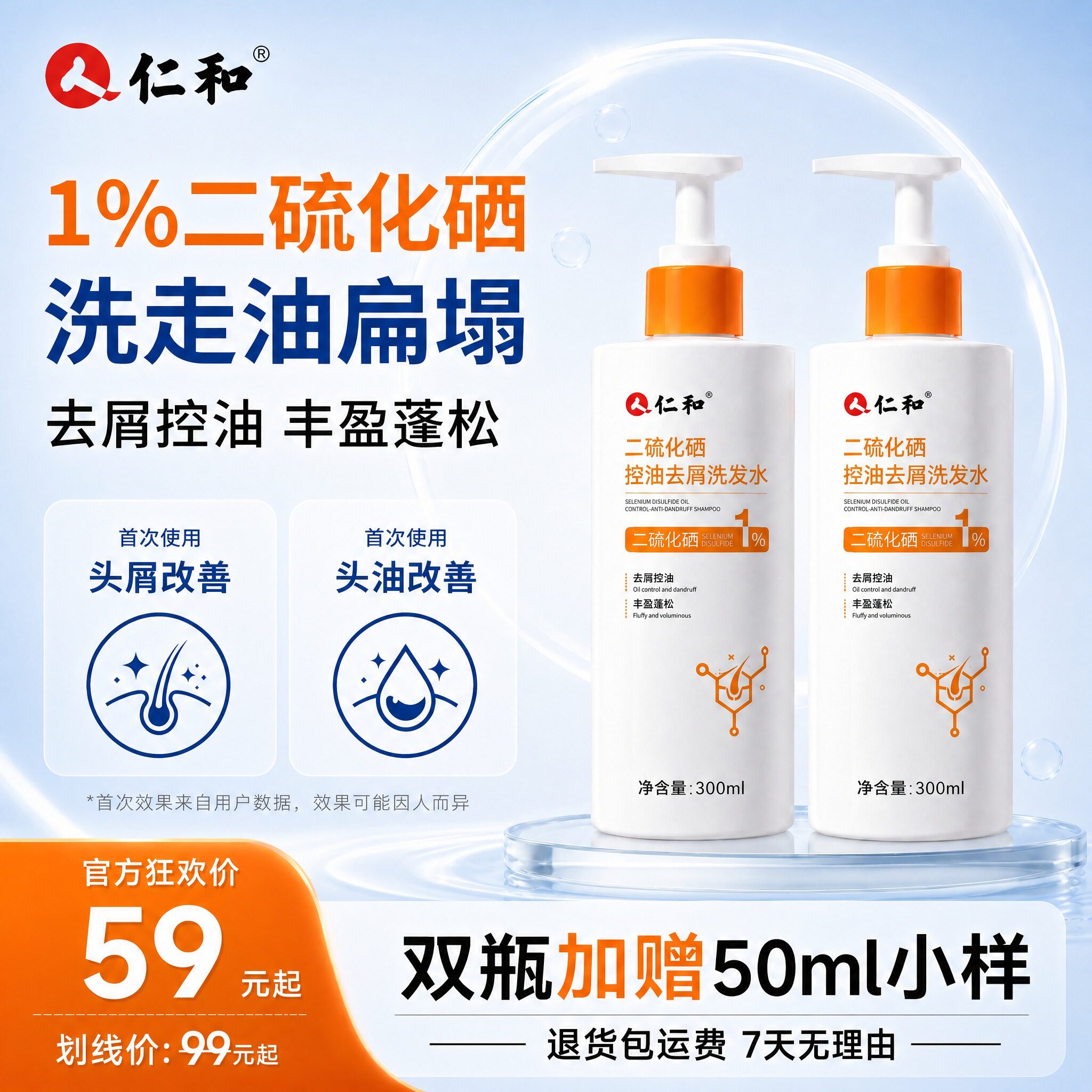 仁和1%二硫化硒洗发水长效控油去屑洗头膏男女适用药企研发正品