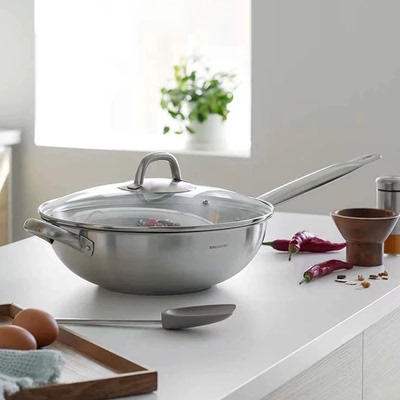 韩国EDElKOCHEN无涂层不锈钢炒锅家用炒菜锅电磁炉燃气灶用30CM