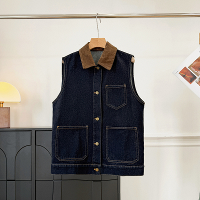 叠穿灯芯绒翻领牛仔马甲外套女