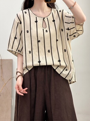 8197款2026夏季条纹腰果刺绣中袖衬衫女水滴领泡泡袖宽松上衣两色