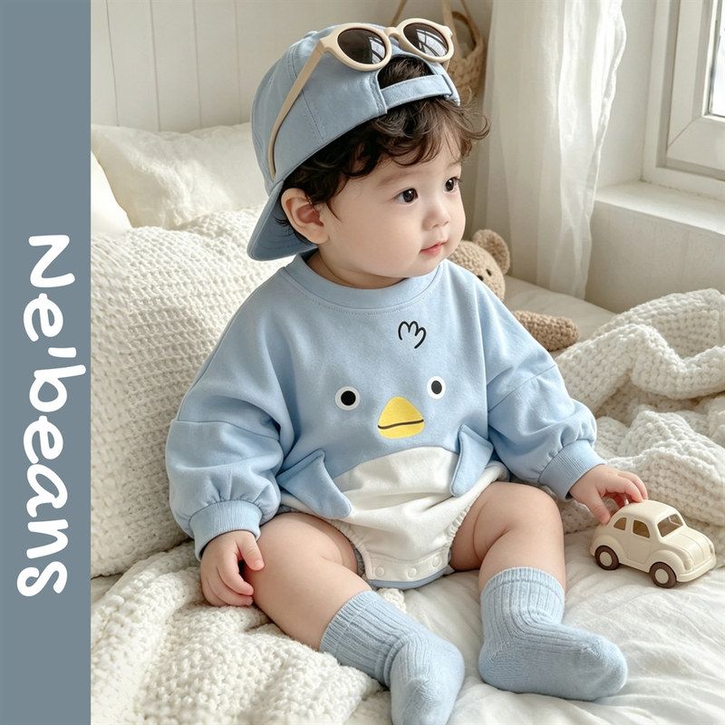 nebeans2026秋季A棉柔软长袖三角包屁衣韩版宽松男宝企鹅哈衣爬服