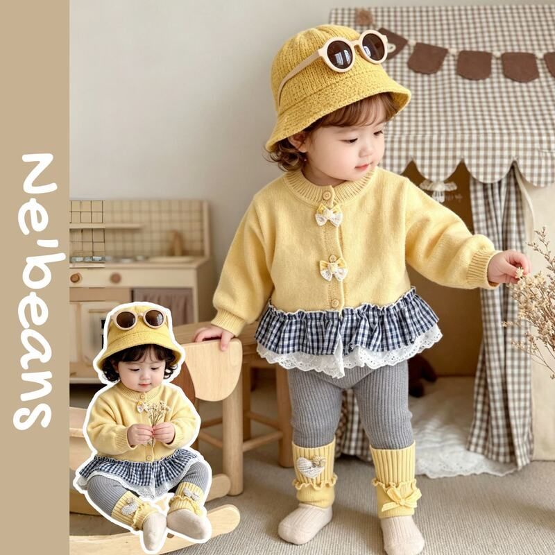 nebeans2026秋冬女童针织毛线衣服蝴蝶结开衫格子裙摆毛衣+裤子