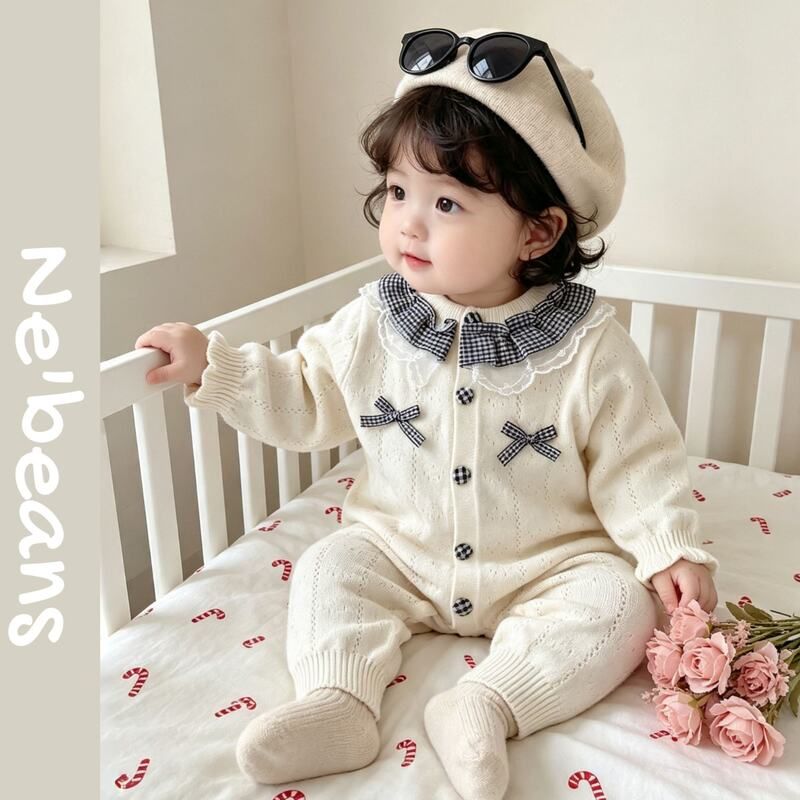 nebeans2026秋季新品女宝针织毛线衣服连身衣哈衣米色小公主爬服
