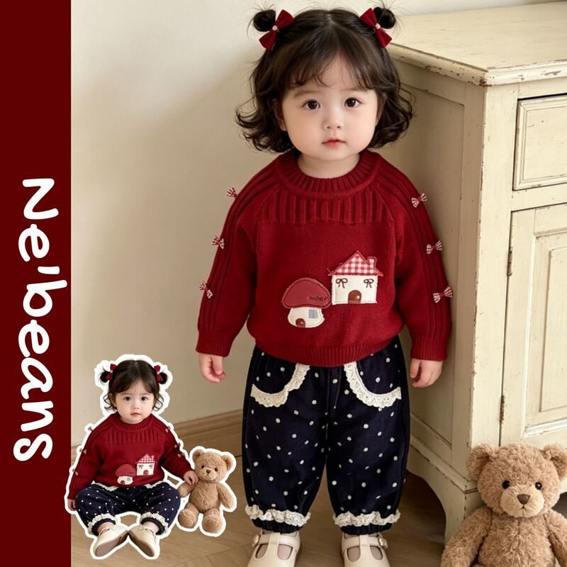 nebeans2026喜庆红色针织毛衣套装 女宝韩版小蘑菇上衣+波点裤子
