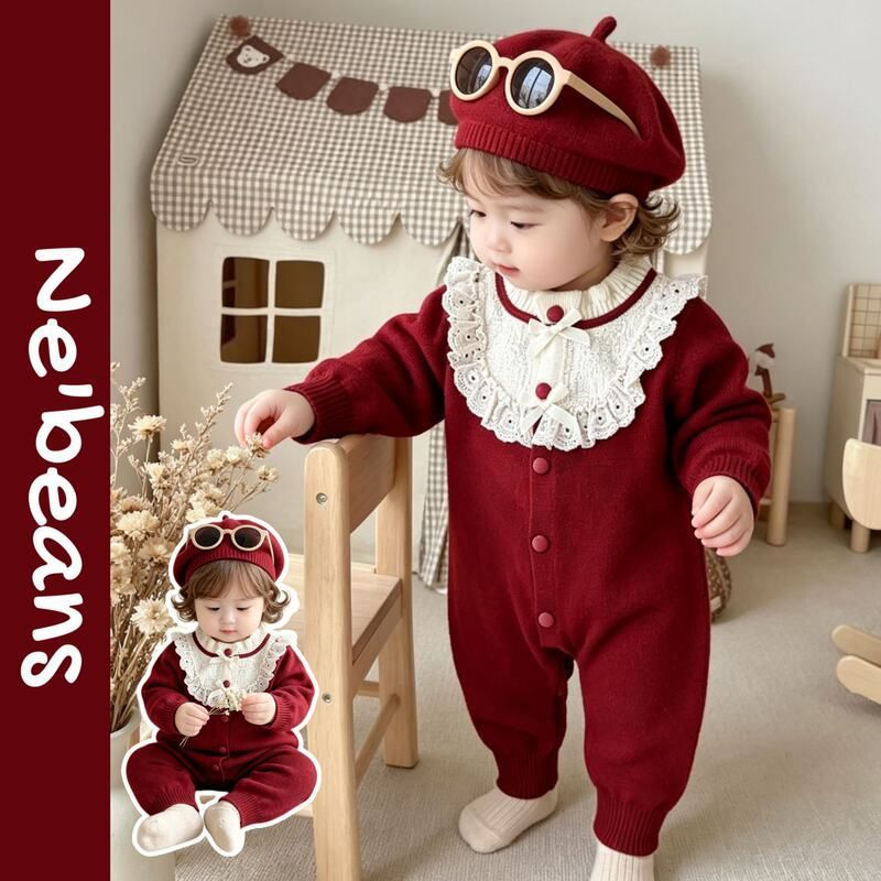 nebeans2026秋季女宝针织红色连身衣小公主喜庆哈衣爬服+贝雷帽子