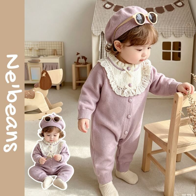 nebeans2026秋季新婴儿针织毛线连身衣外出服韩版小公主哈衣+帽子