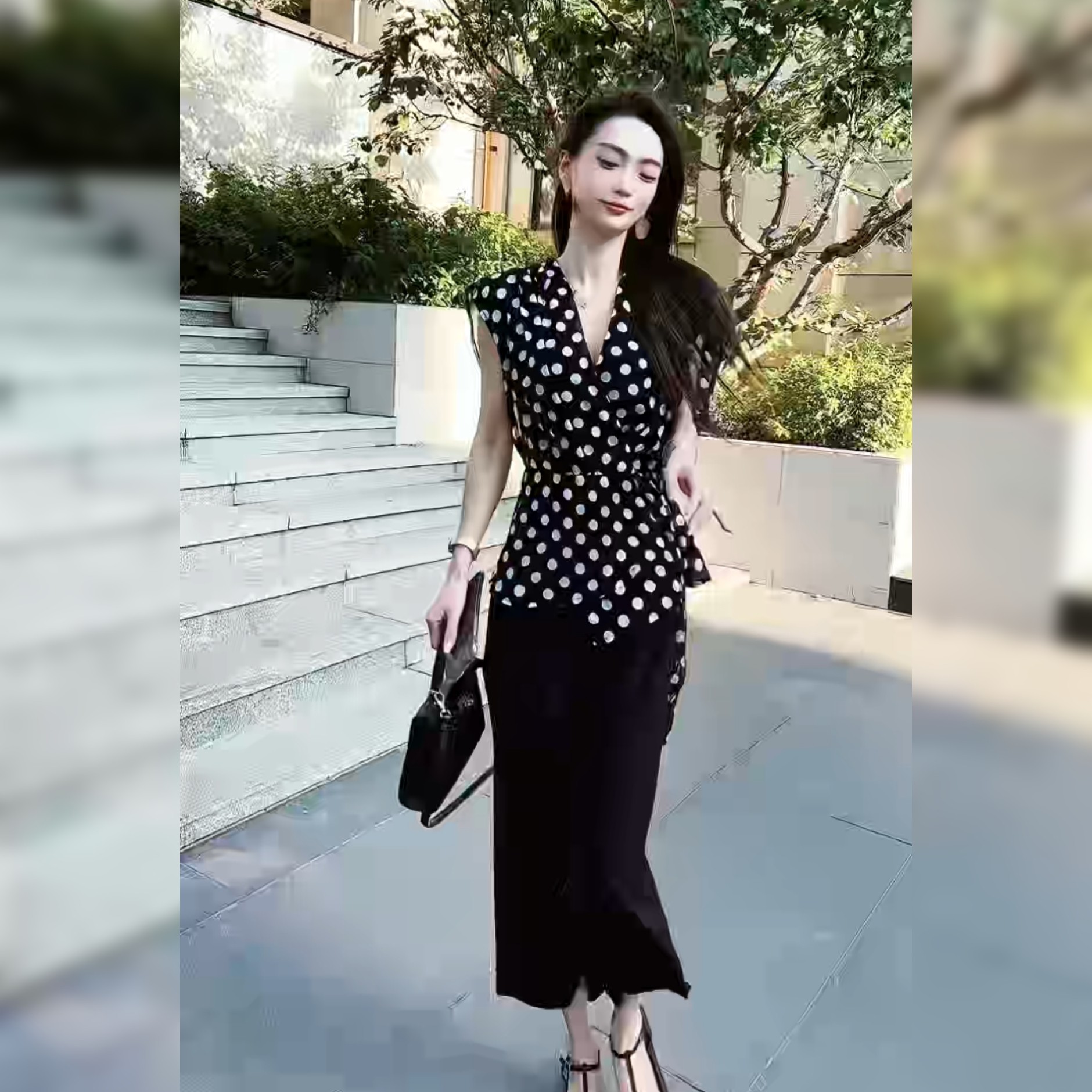 法式复古波点V领无袖上衣半身裙套装女夏醋酸气质轻奢职业套装裙