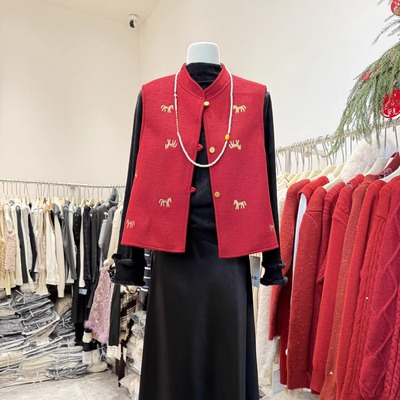 国风双面呢马到成功刺绣立领马甲