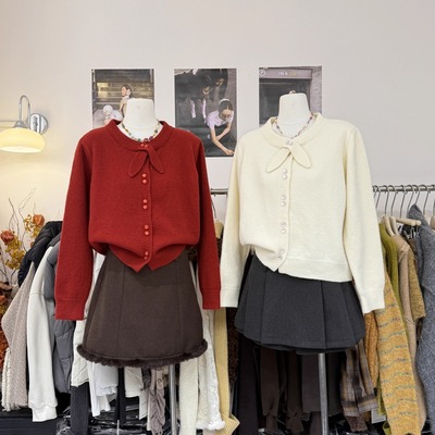 温柔甜美蝴蝶结领针织开衫毛衣女