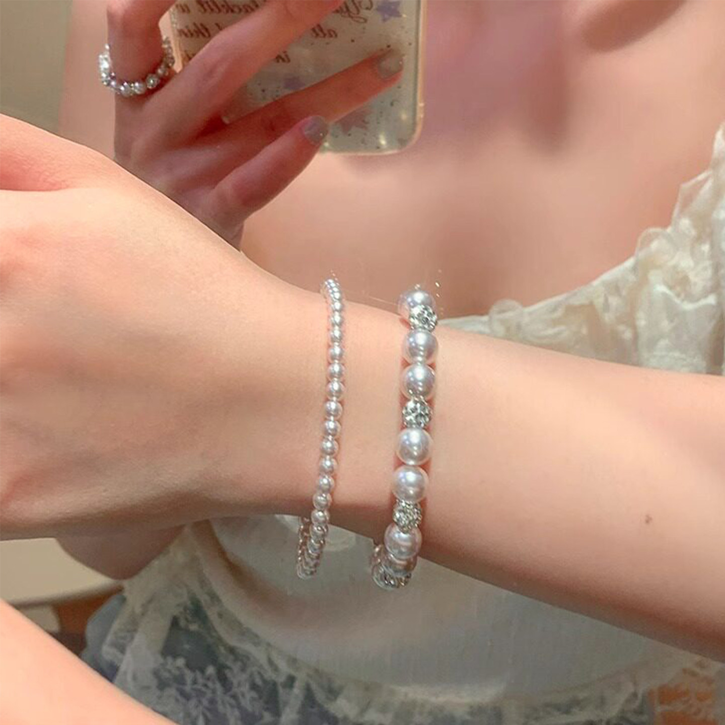 曼塔玫瑰珍珠手链轻奢闪钻手串叠戴串珠弹力绳手饰送女友闺蜜礼物