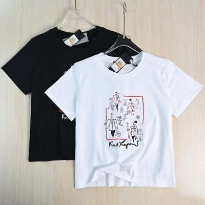 思琪女装263/26 美系K尔舒适棉质印花刺绣圆领直筒休闲短袖T恤