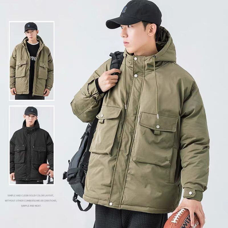 冬季新款男士连帽棉衣大口袋工装宽松潮加厚保暖棉服休闲运动百搭
