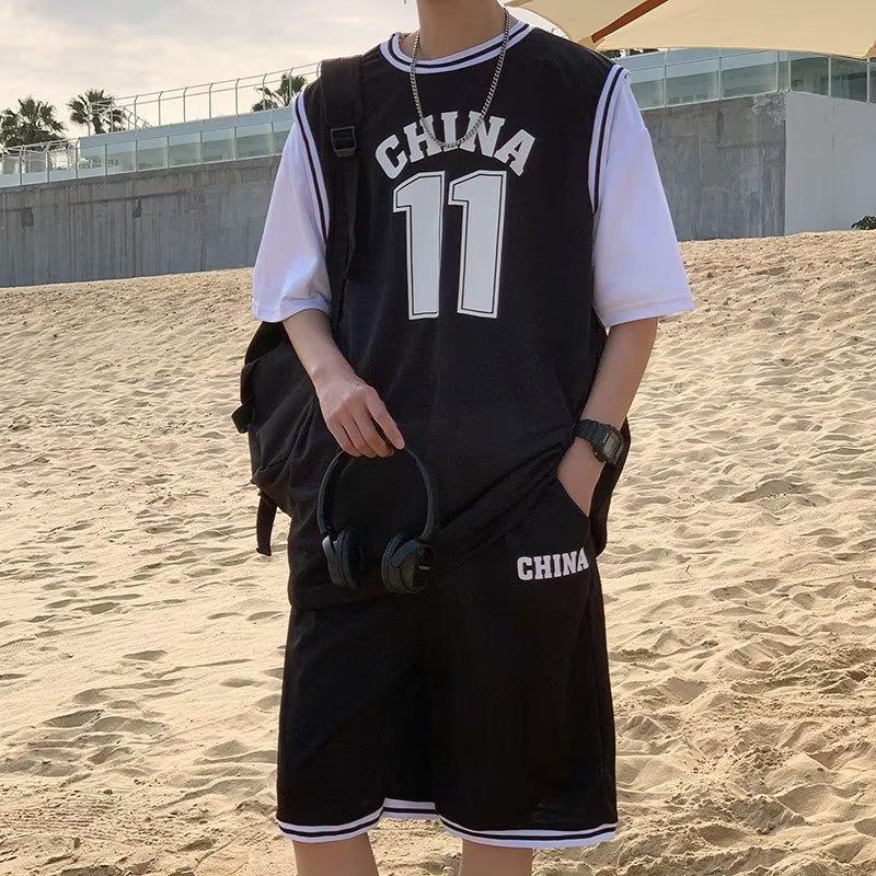 夏季假两件球衣男宽松潮牌学生短袖短裤速干运动篮球服休闲一套装