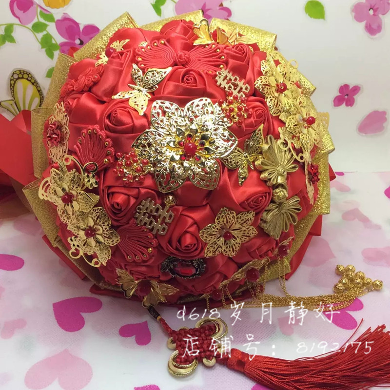 包邮中式婚礼新娘手捧花盘扣流苏金葱中国风手捧花红色秀禾手捧花