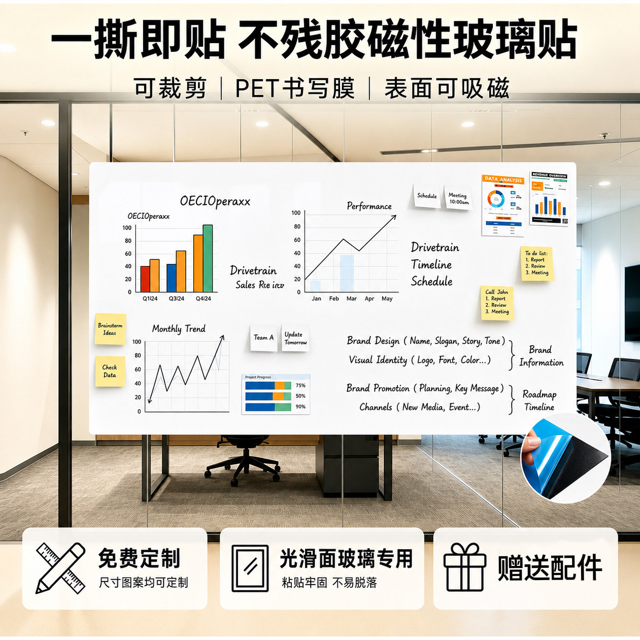 磁性玻璃软白板贴可移除不残胶办公教学白板贴家用儿童涂鸦自黏