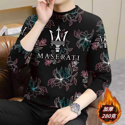 德绒保暖打底衫男士秋冬新款潮流印花半高领长袖t恤休闲百搭上衣