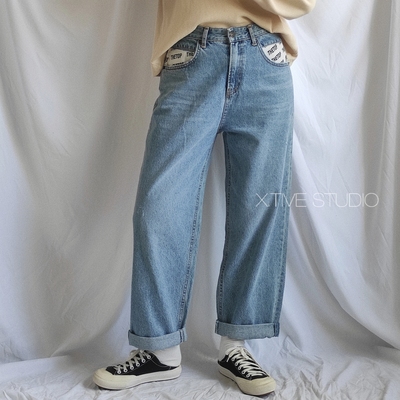 韩国进口字母印花拼接直筒牛仔裤