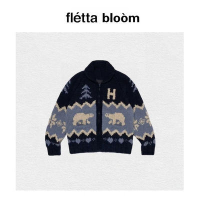 【现货】fletta bloom韩国费尔岛北极熊提花翻领羊毛针织毛衣外套