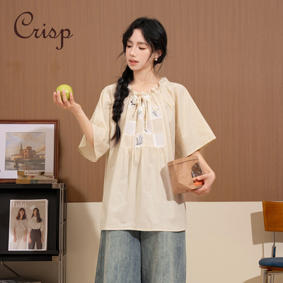 CRISP日系抽绳系带领刺绣衬衫