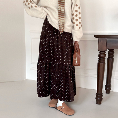CRISP日系穿搭小波点丝绒A字半身裙拼接大摆裙子半裙2025冬季新款