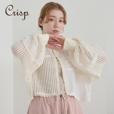 CRISP日系穿搭蕾丝网布拼接搭扣开衫女夏灯笼袖衬衫外套2025新款