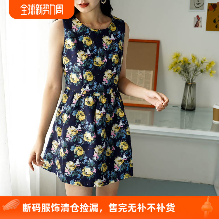 换季特价春秋新款女装韩版时尚印花收腰显瘦无袖连衣裙