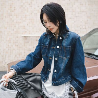 PENNYPENG 玖零年代 复古做旧质感立体剪裁显瘦翻领牛仔外套