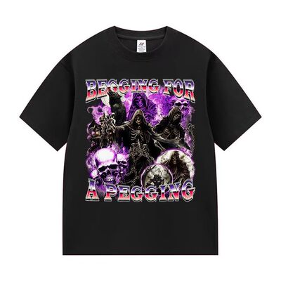 BEGGING FOR A PEGGING欧美骷髅图案印花大码嘻哈潮流短袖T恤男女