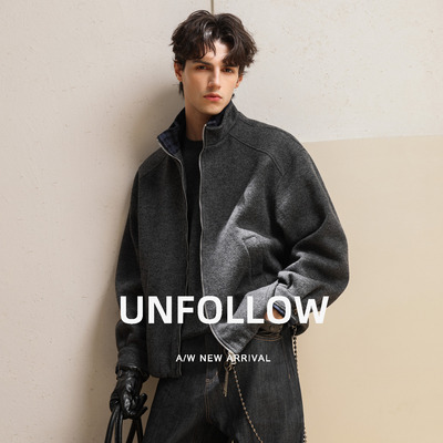 UNFOLLOW羊毛混纺立领毛呢夹克男士春秋新款高级感短款外套上衣潮