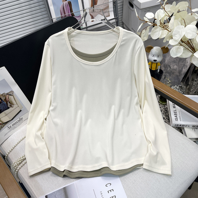 胡子叔大码女AU领拼接假两件T恤