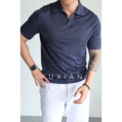 YUXIAN精纺羊毛意式针织翻领短袖