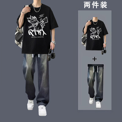 美式短袖T恤套装男高中初中生夏季ins青少年学生潮流嘻哈纯棉衣服