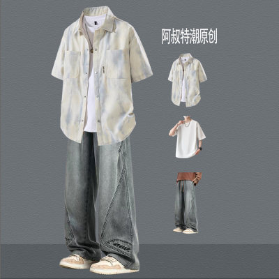 扎染短袖衬衫男生夏季套装青少年韩版痞帅气三件套显高大学生穿搭