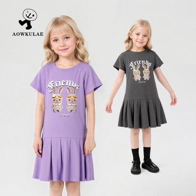 夏季韩版新款女童洋气连身裙 中大童卡通熊百褶裙女孩短袖连衣裙