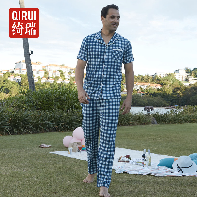 绮瑞男士莫代尔薄款睡衣套装夏季格子家居服开衫短袖长裤翻领大码