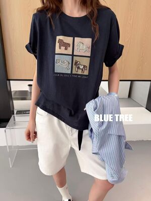 BLUETREE正品2026夏季新款韩版宽松显瘦圆领短袖T恤女刺绣小狗潮