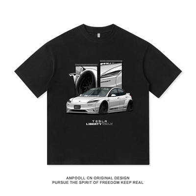 特斯拉改装文化LIBERTY WALK印花短袖T恤夏季上衣服男装重磅纯棉