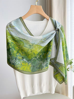 绿色麦田双绉真丝丝巾100%桑蚕丝围巾春夏季薄款纱巾飘带防晒披肩