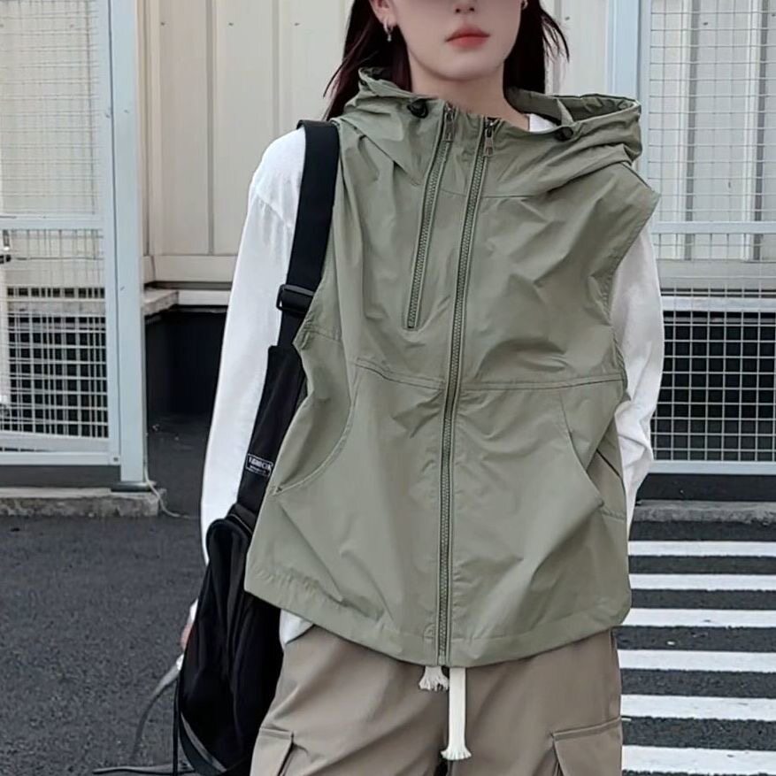 2026春季新款欧货时尚连帽拉链宽松无袖马甲外套上衣女小个子
