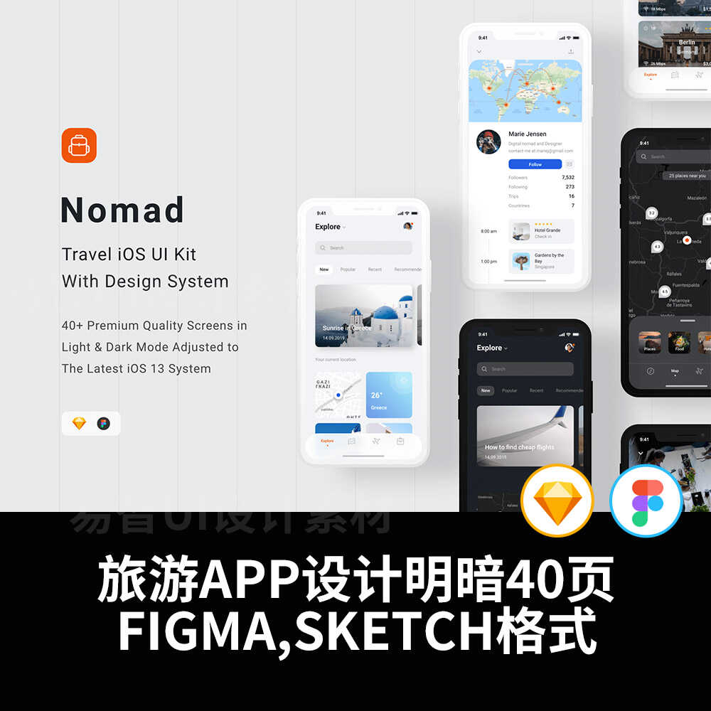 旅游app明暗40页300个UI元素,520个图标figma,sketch格式