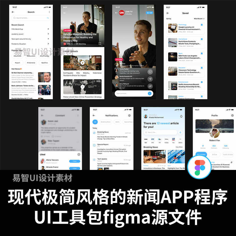 40页现代和极简风格的高级新闻移动应用程序UI工具包figma源文件