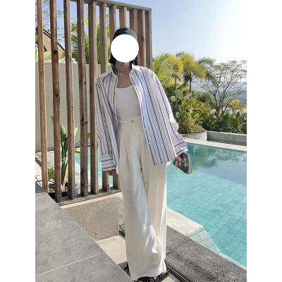 现货TOT 同源 女装 黑白条纹棉府绸挺括落肩连袖衬衫