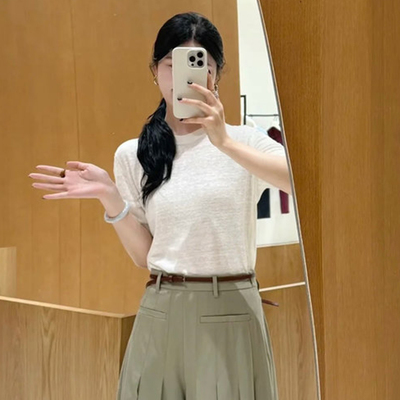 ED 同源针织T恤女夏季新款汉麻轻薄针织衫短袖上衣