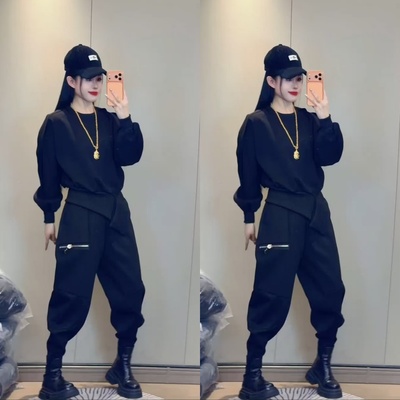 个性不规则蚂蚁腰卫衣哈伦裤套装