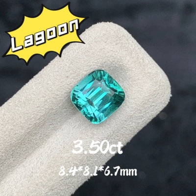 3.50ct天然蓝绿碧玺裸石枕形戒面全净Lagoon碧玺彩色宝石珠宝定制