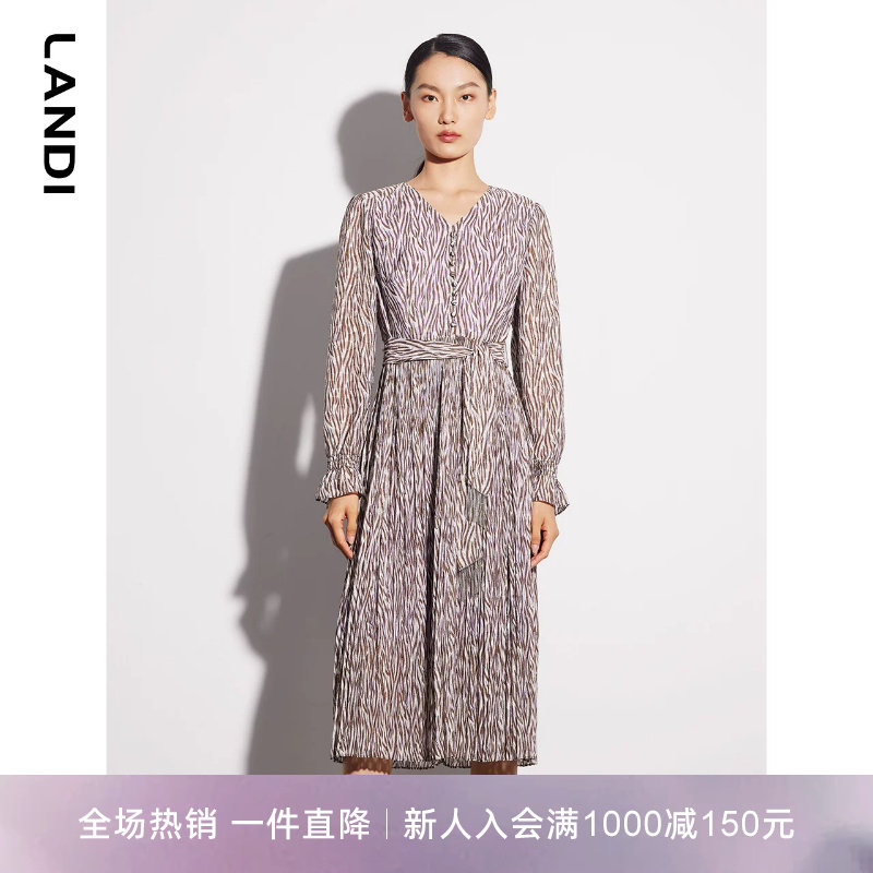 LANDI蓝地复古雅致艺术印花压褶V领连衣裙女收腰长裙春新品
