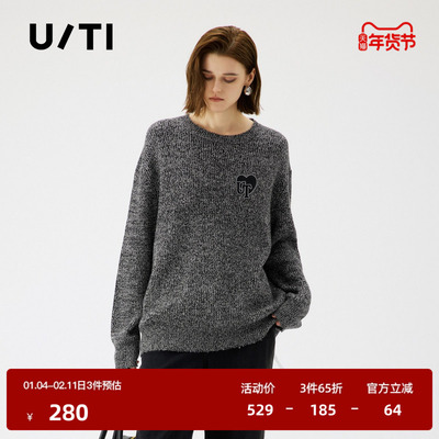 U/TI圆领灰色针织毛衣女绵羊毛爱心刺绣套头毛衫尤缇2025秋季新款