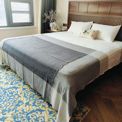 出口转内销加厚人字纹棉麻剪花床单盖毯无夹棉床盖素色防滑透气