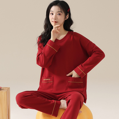 女纯棉特大码长袖睡衣红色可外穿